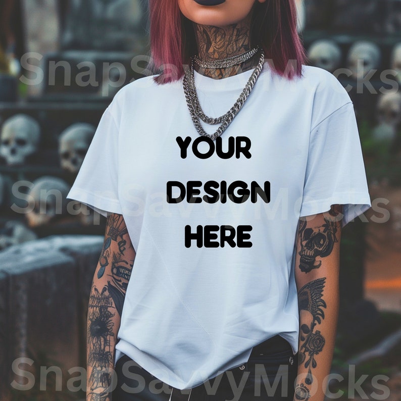 Bella Canva 3001 Mockup White, Gothic Shirt Mockup, Tattooed Punk Girl ...