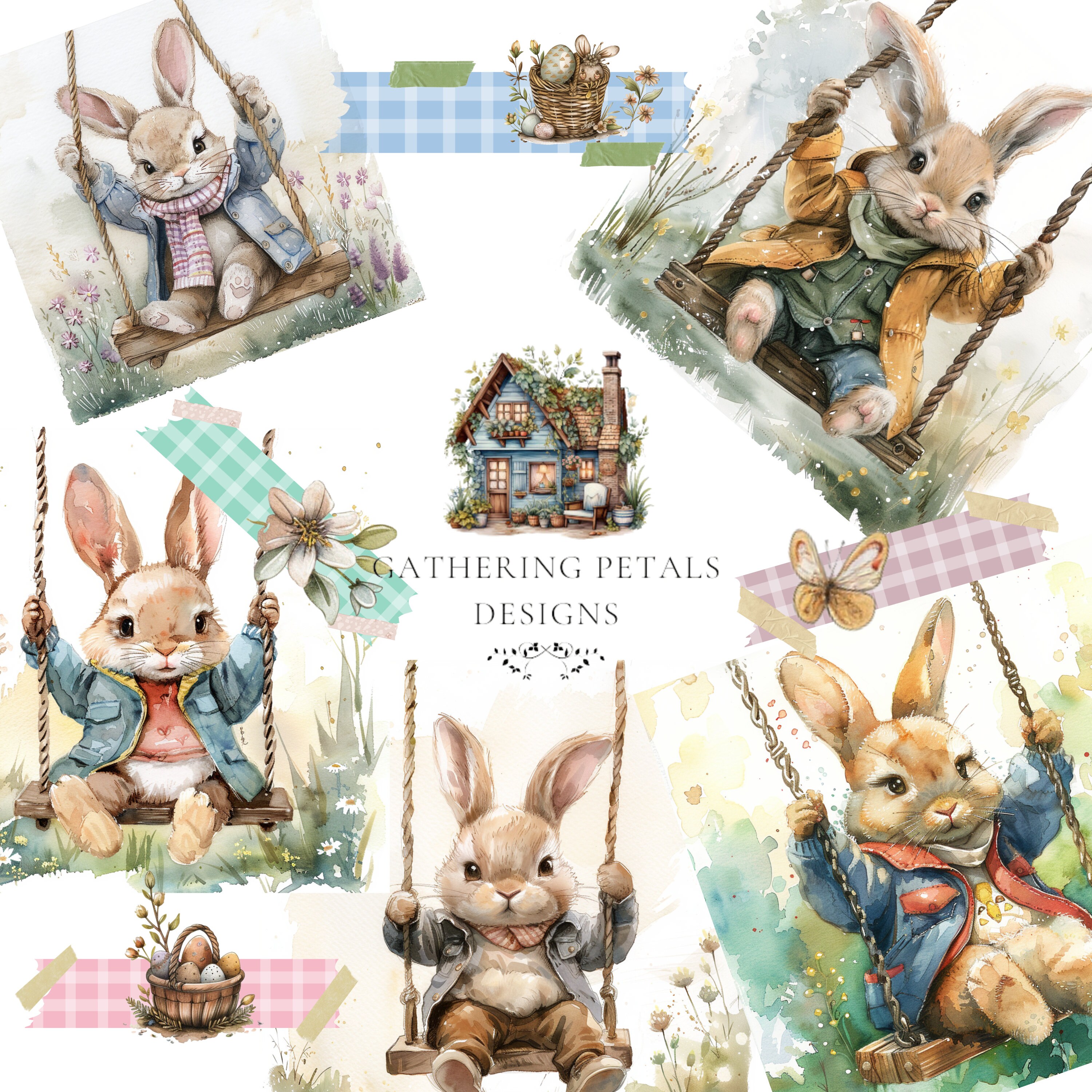 5 Bunnies & 4clipart Bundle, JPG, Card Making, Clip Art, Digital Paper ...
