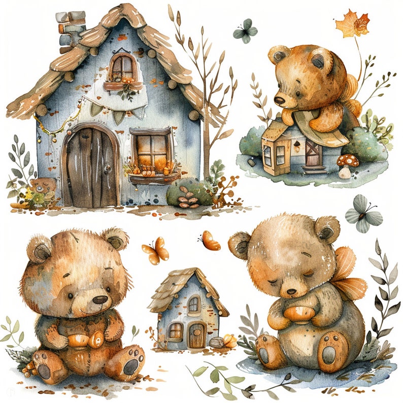 Cozy Bear House Watercolor Clipart Bundle – Whimsical Bear House ...