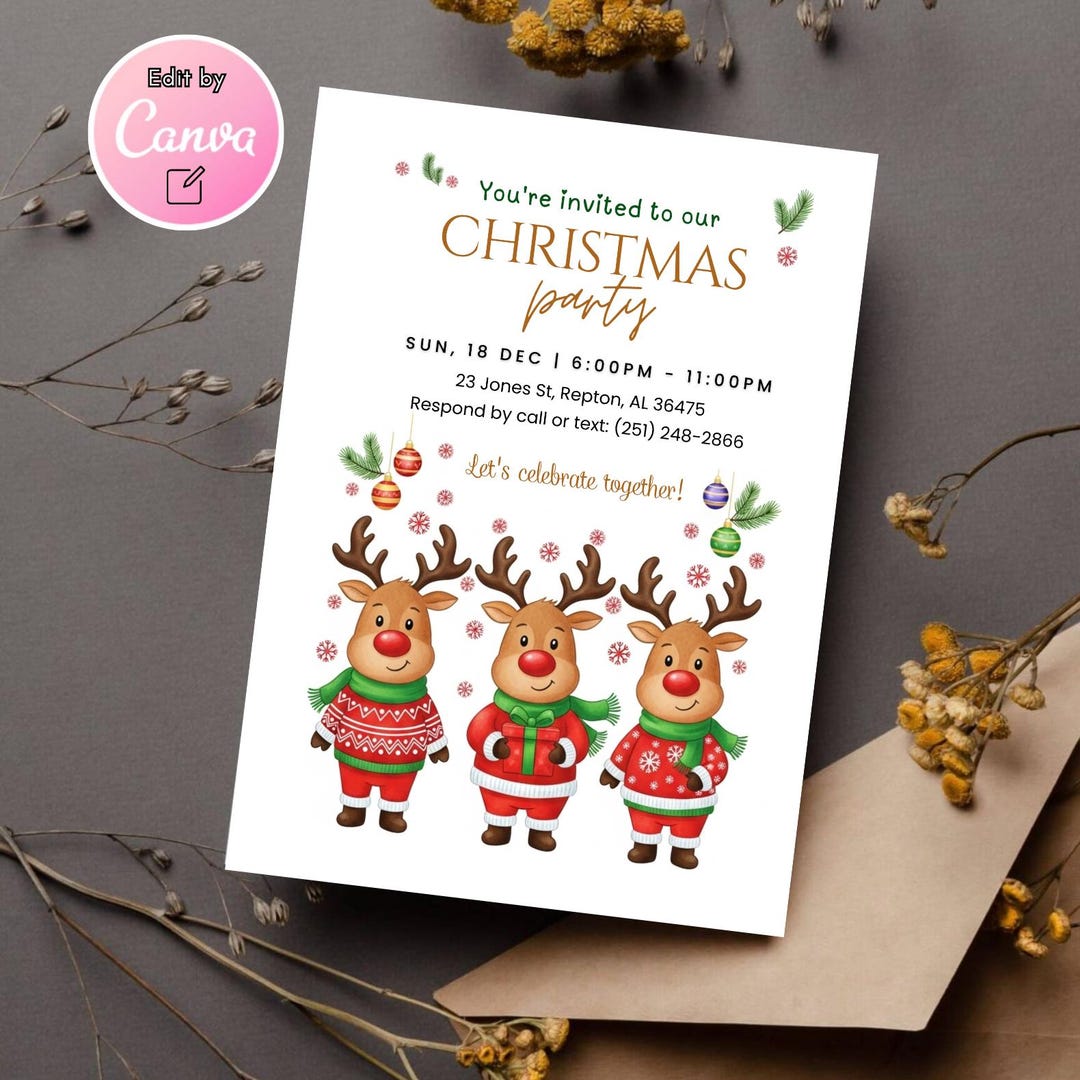 Reindeer Christmas Party Invitation, Editable Rudolph Holiday Invite ...