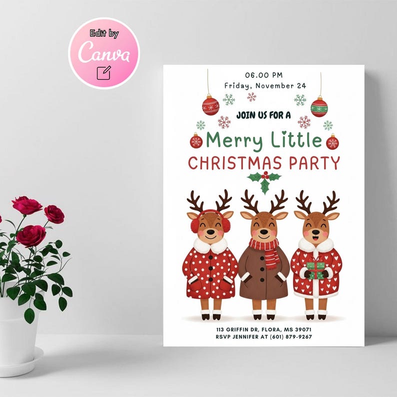 Editable Reindeer Christmas Party Invitation, Rudolph Holiday Invite ...