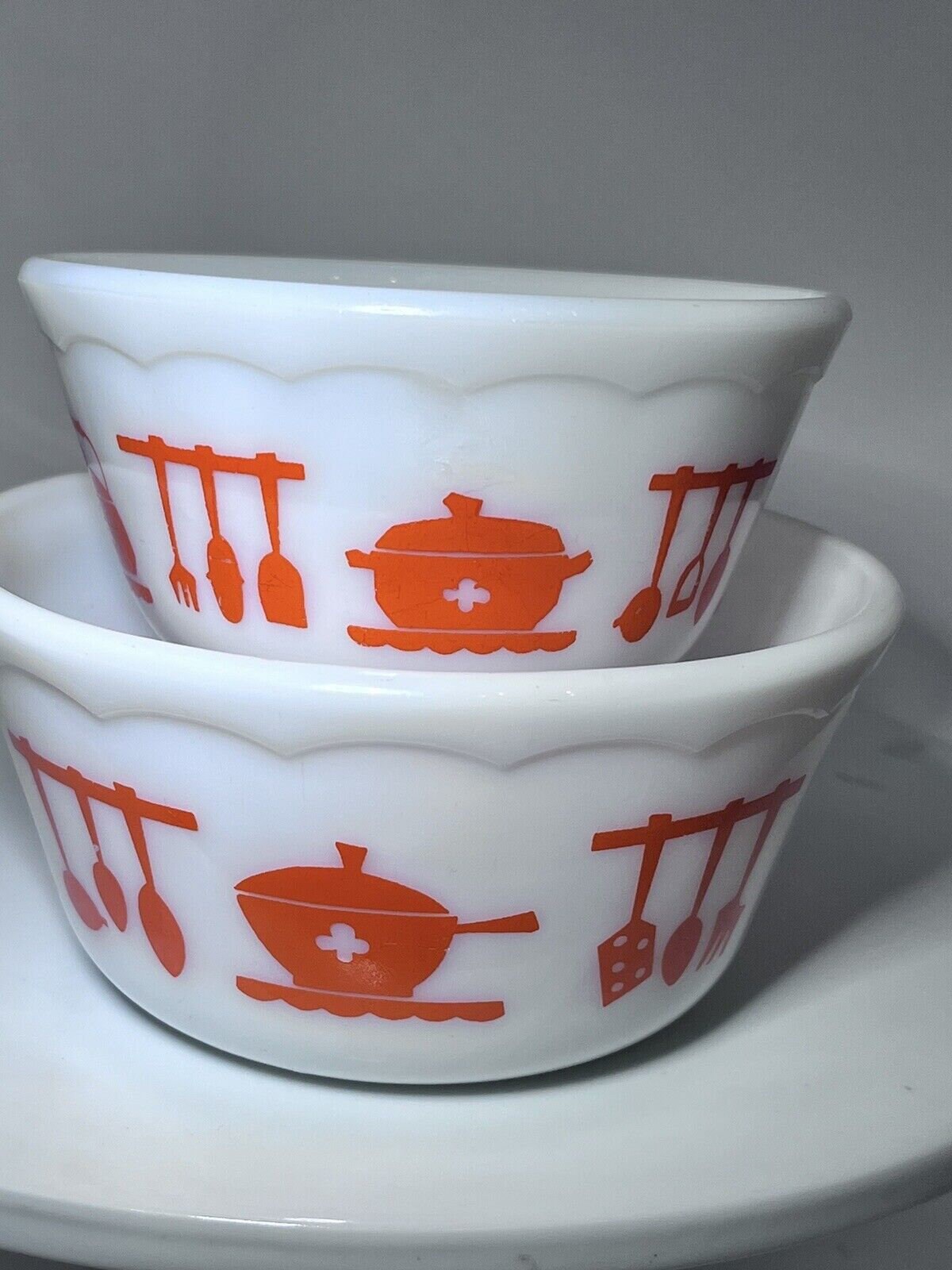 2 Pc Rare Hazel Atlas Kitchen Aids Orange Bowls 5 & 6 Mixing Bowls ...