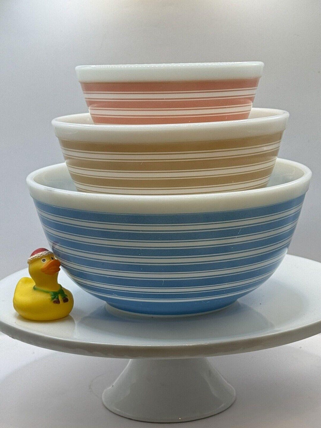VTG PYREX Rainbow Stripe Mixing Bowl Set of 3 403 Blue, 402 Tan and 401 ...