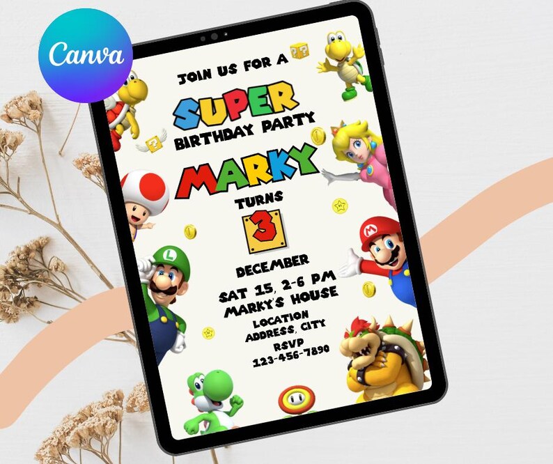 Editable Printable Super Mario Birthday Invitation: Canva Template 5x7 ...