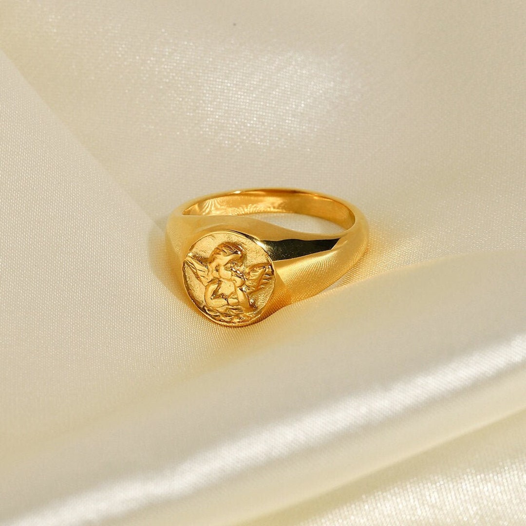 Gold Chunky Round Angel Signet Ring, Thick Statement, Trendy Ring ...