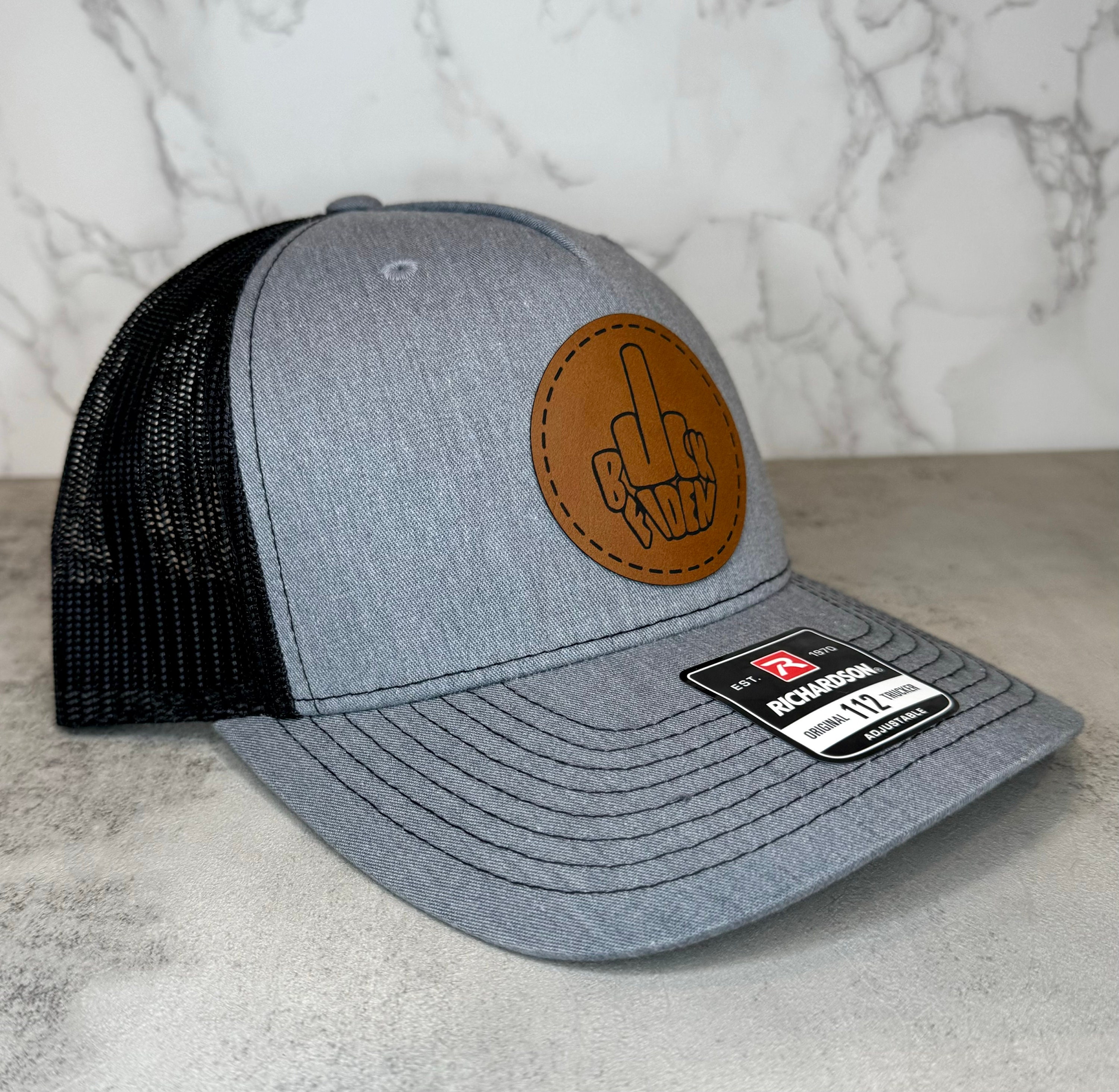 Custom Trucker Leather Patch Hat Laser Engraved, Richardson 112, America First, Patriotic Hat ...