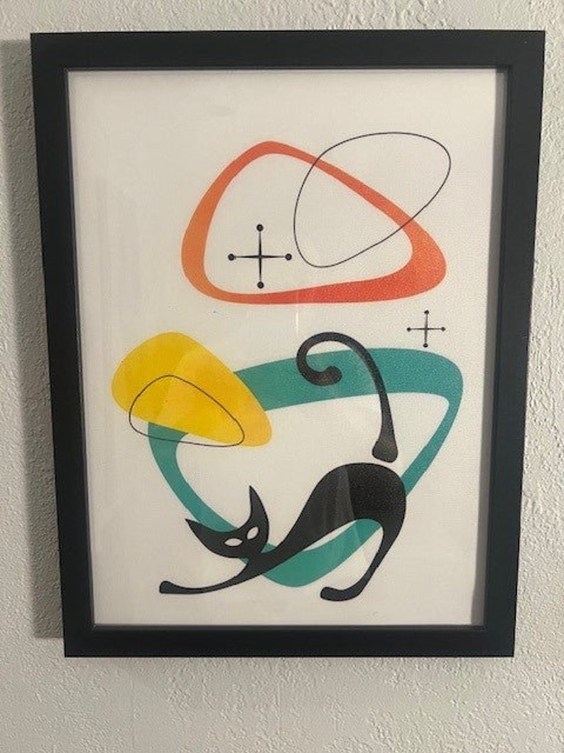 MCM Atomic Era Black Cat Stetching Framed Printed Canvas Artwork - Etsy
