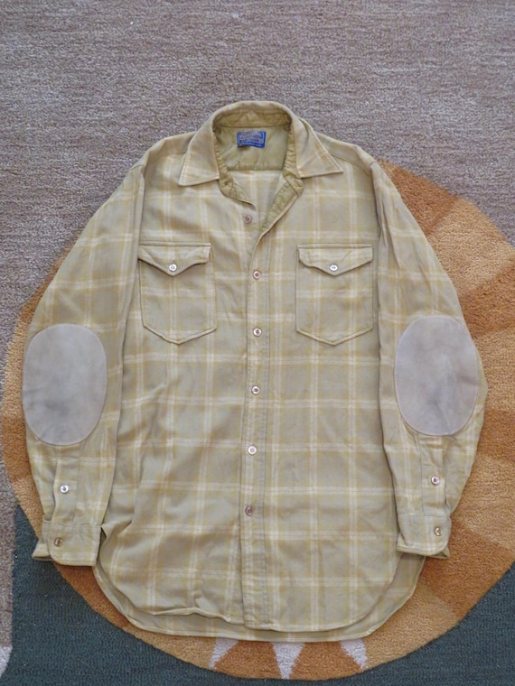 1960s Pendleton Yellow Plaid Elbow Patch Wool Flannel… - Gem