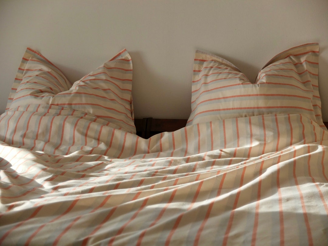 ZEUGMA - Striped Duvet Set Red Blue Off-white Unbleached 100% Cotton - Etsy UK