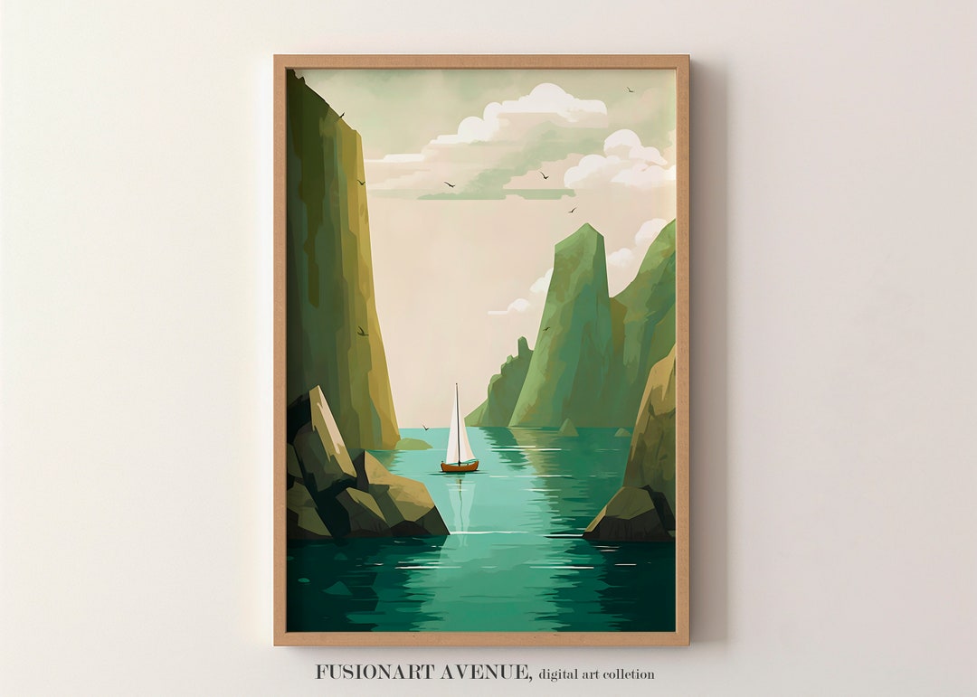 Printable Modernist Green-toned Rocks Theme Landscape Painting ...