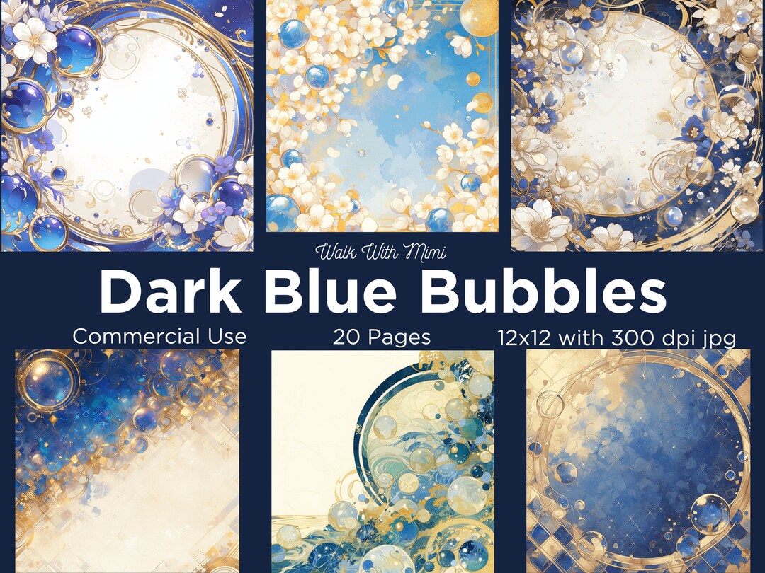 Dark Blue Bubble Digital Paper, Floral Background, Scrapbooking Paper ...