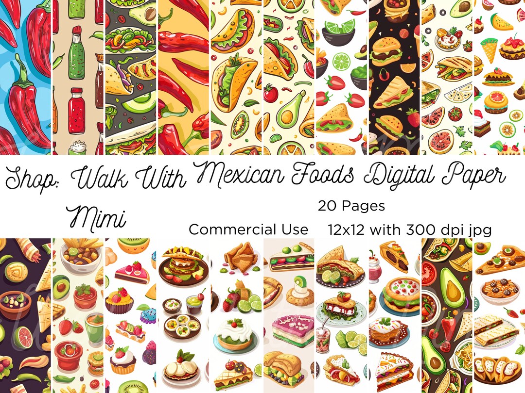 Mexican Foods Digital Paper, Taco Tuesday, Patterns, High Quality, 20 ...