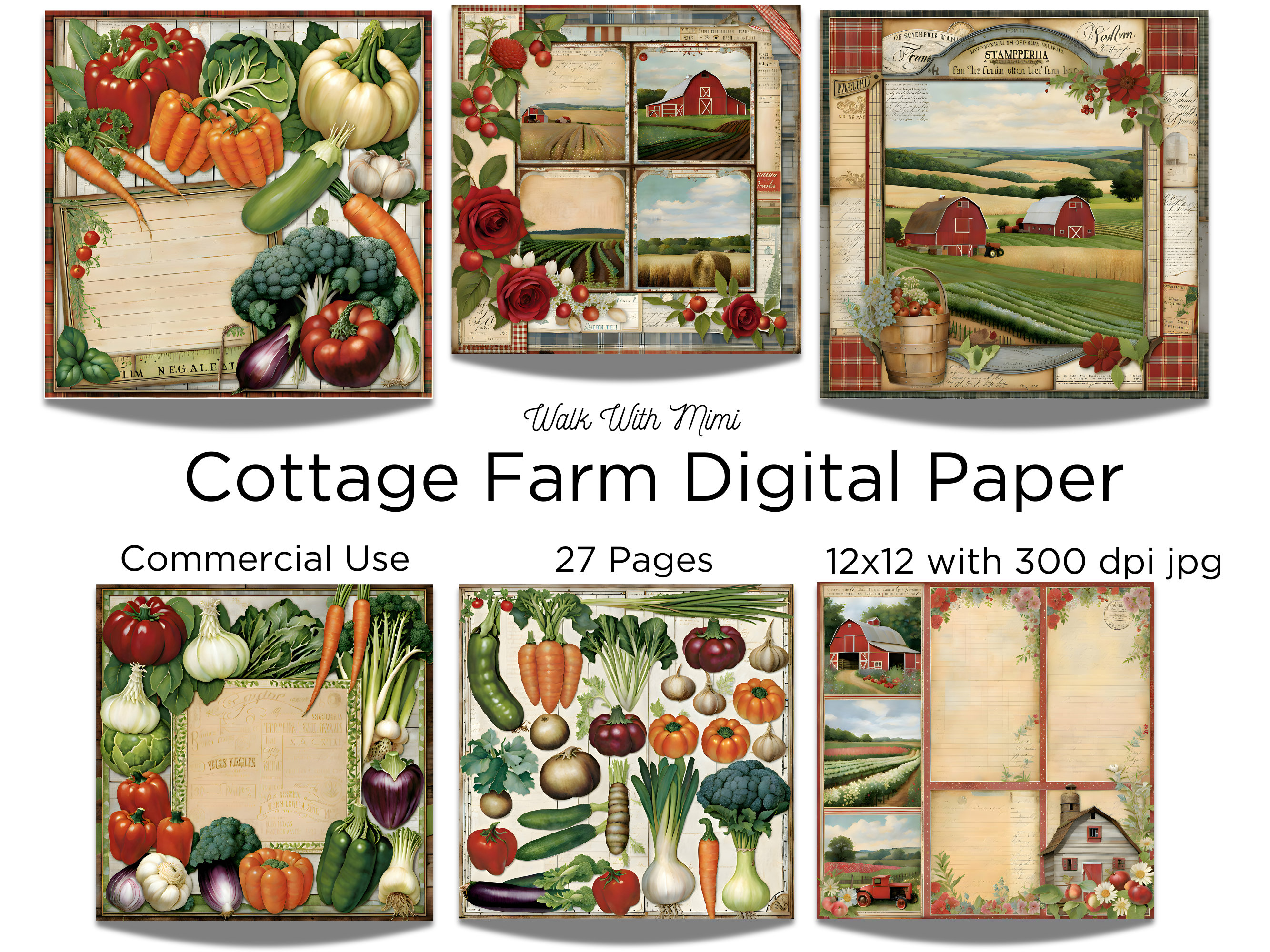 Cottage Farm Digital Paper, Farm House, Cottage, Farm Land, Vegetables ...