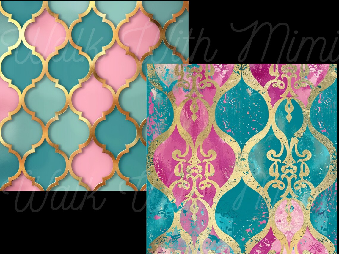 Teal and Pink With Gold Digital Paper, Scrapbook Paper, Background, 12 ...