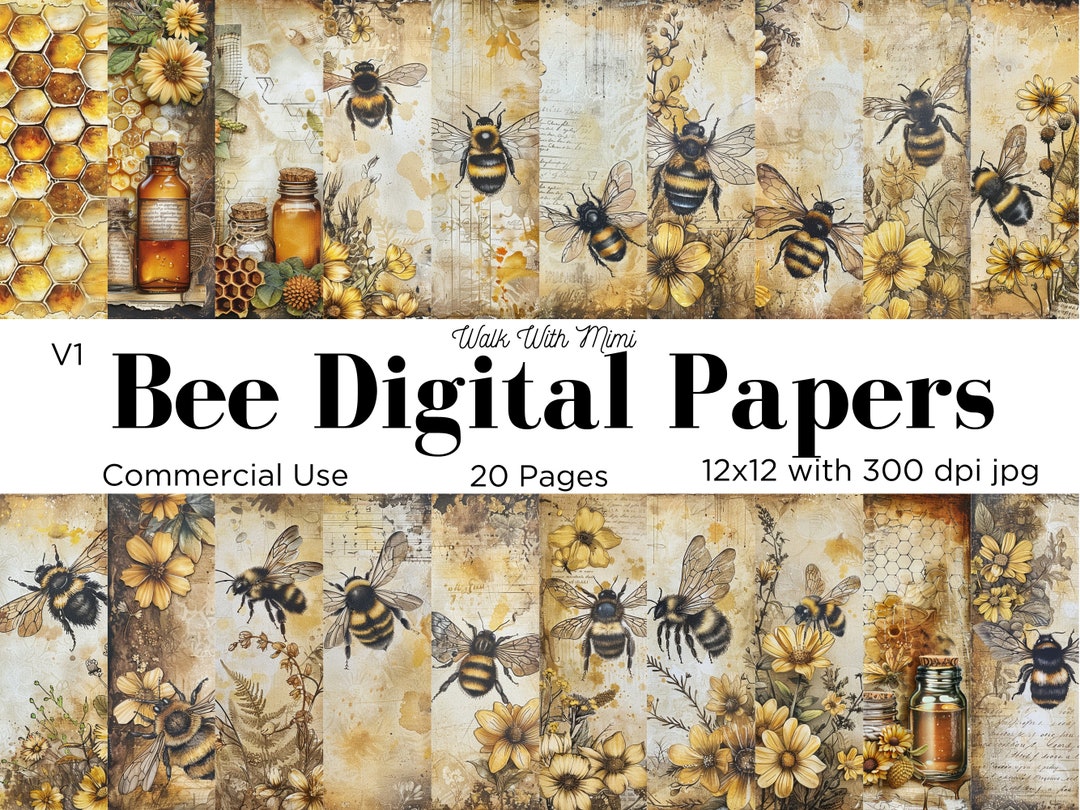 Bee Theme, Junk Journal Paper, Digital Papers, Bumble Bee 12x12 Papers ...