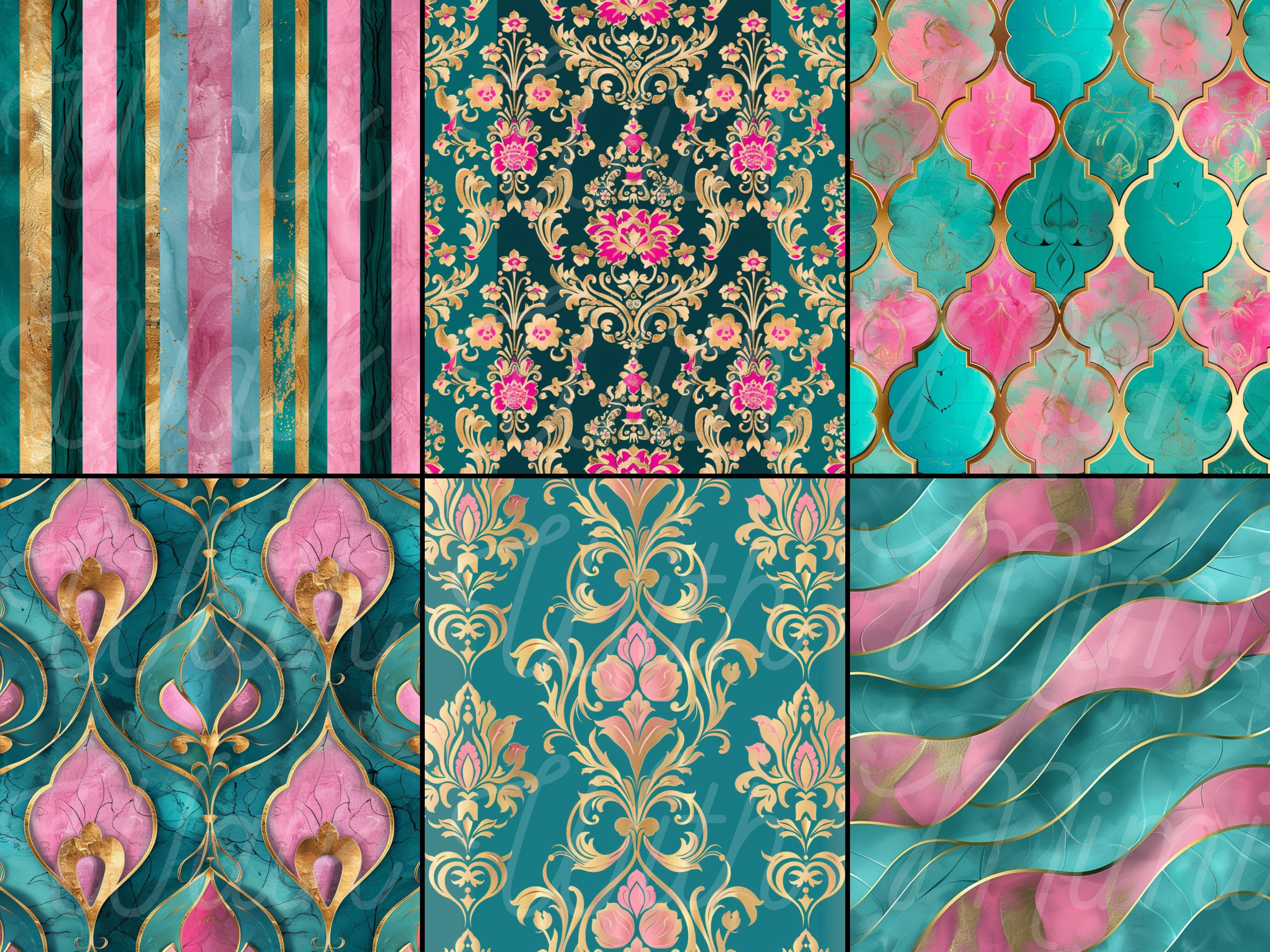 Teal and Pink With Gold Digital Paper, Scrapbook Paper, Background, 12 ...