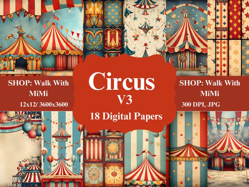 Circus Digital Papers. Vintage Circus, Scrapbooking, Junk Journal Kit ...