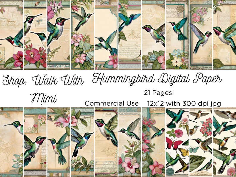 Hummingbird Digital Paper, Printable, Scrapbook Paper, Junk Journal Kit ...