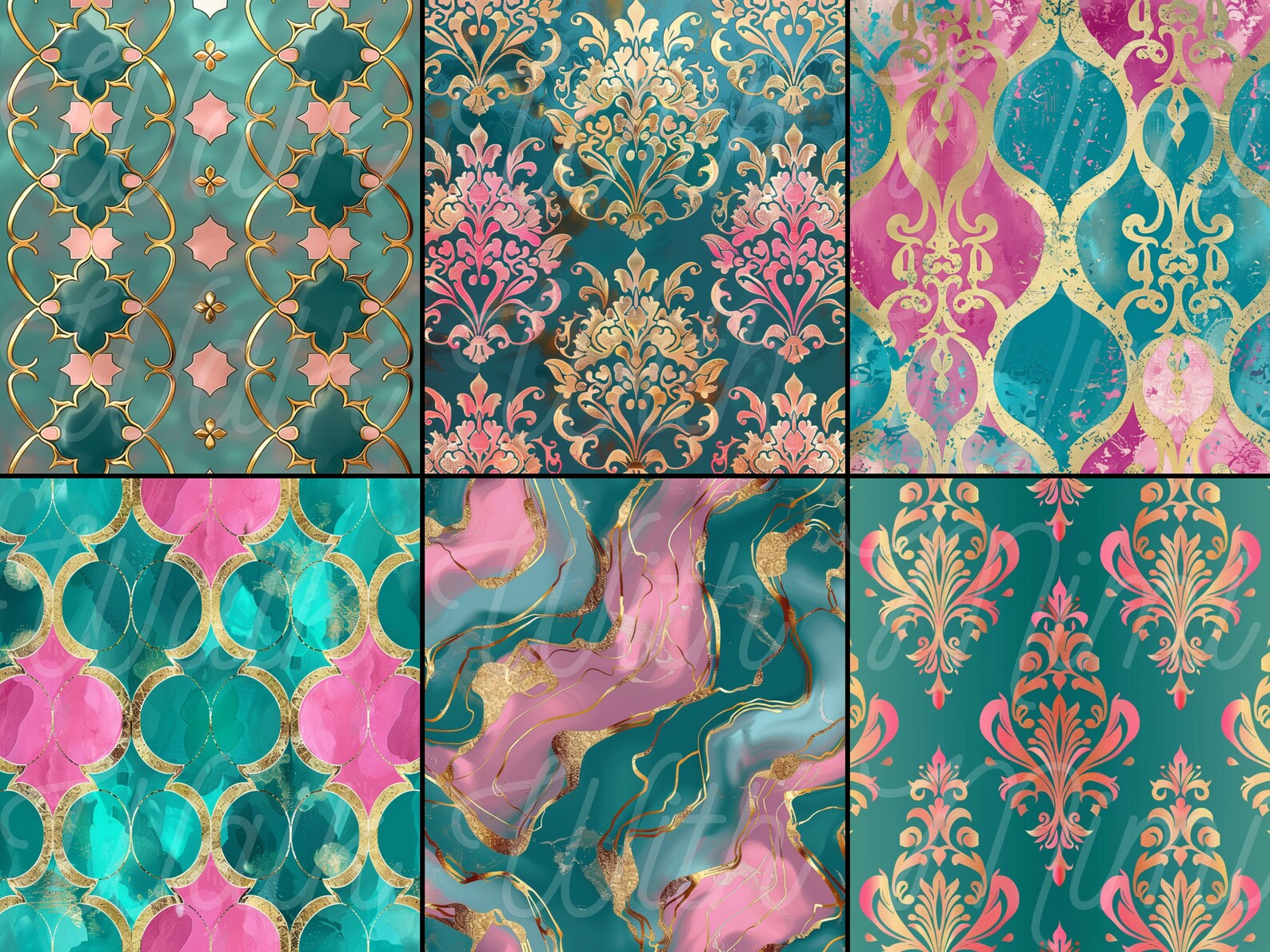 Teal and Pink With Gold Digital Paper, Scrapbook Paper, Background, 12 ...