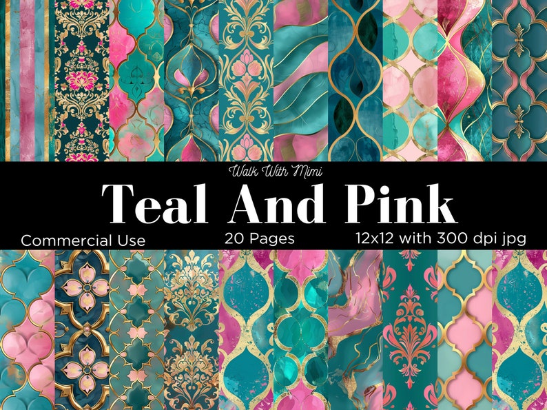 Teal and Pink With Gold Digital Paper, Scrapbook Paper, Background, 12 ...