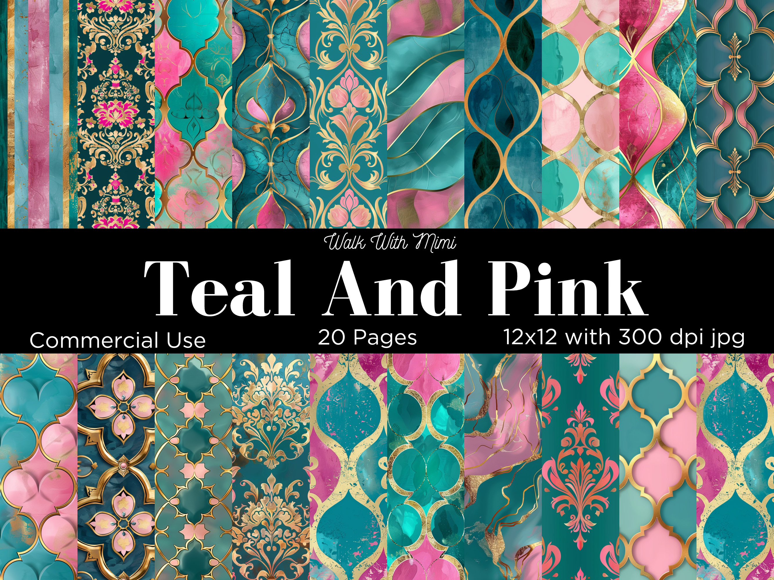 Teal and Pink With Gold Digital Paper, Scrapbook Paper, Background, 12 ...