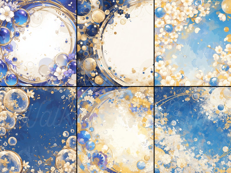 Dark Blue Bubble Digital Paper, Floral Background, Scrapbooking Paper ...