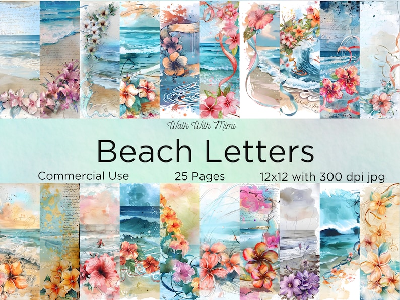 Beach Letters Digital Paper, Summer, Ocean, Landscape, Printable ...