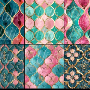 Teal and Pink With Gold Digital Paper, Scrapbook Paper, Background, 12 ...
