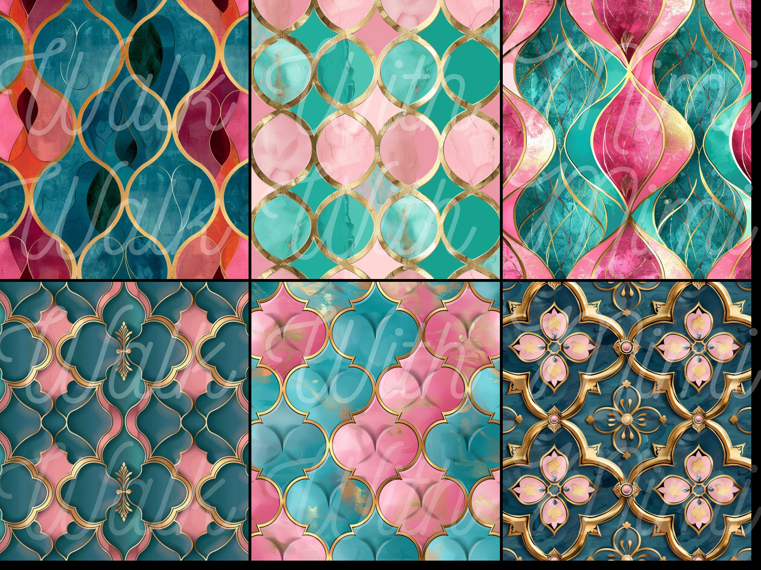Teal and Pink With Gold Digital Paper, Scrapbook Paper, Background, 12 ...