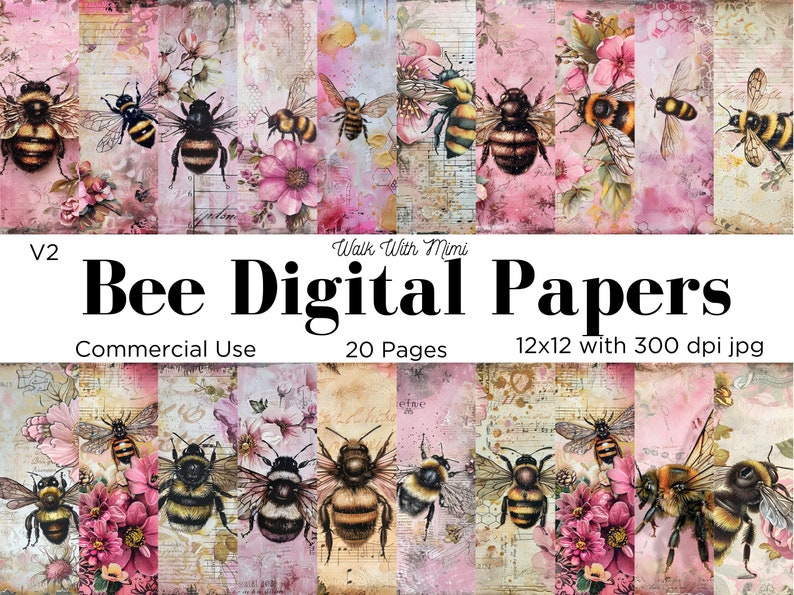 Bee Theme, Junk Journal Paper, Digital Papers, Bumble Bee 12x12 Papers ...