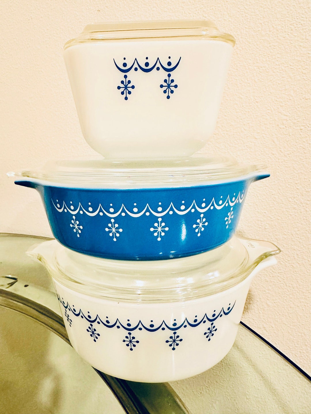 VINTAGE PYREX 1970's Garland Snowflake 501 Fridgie 471 & 472 Round ...