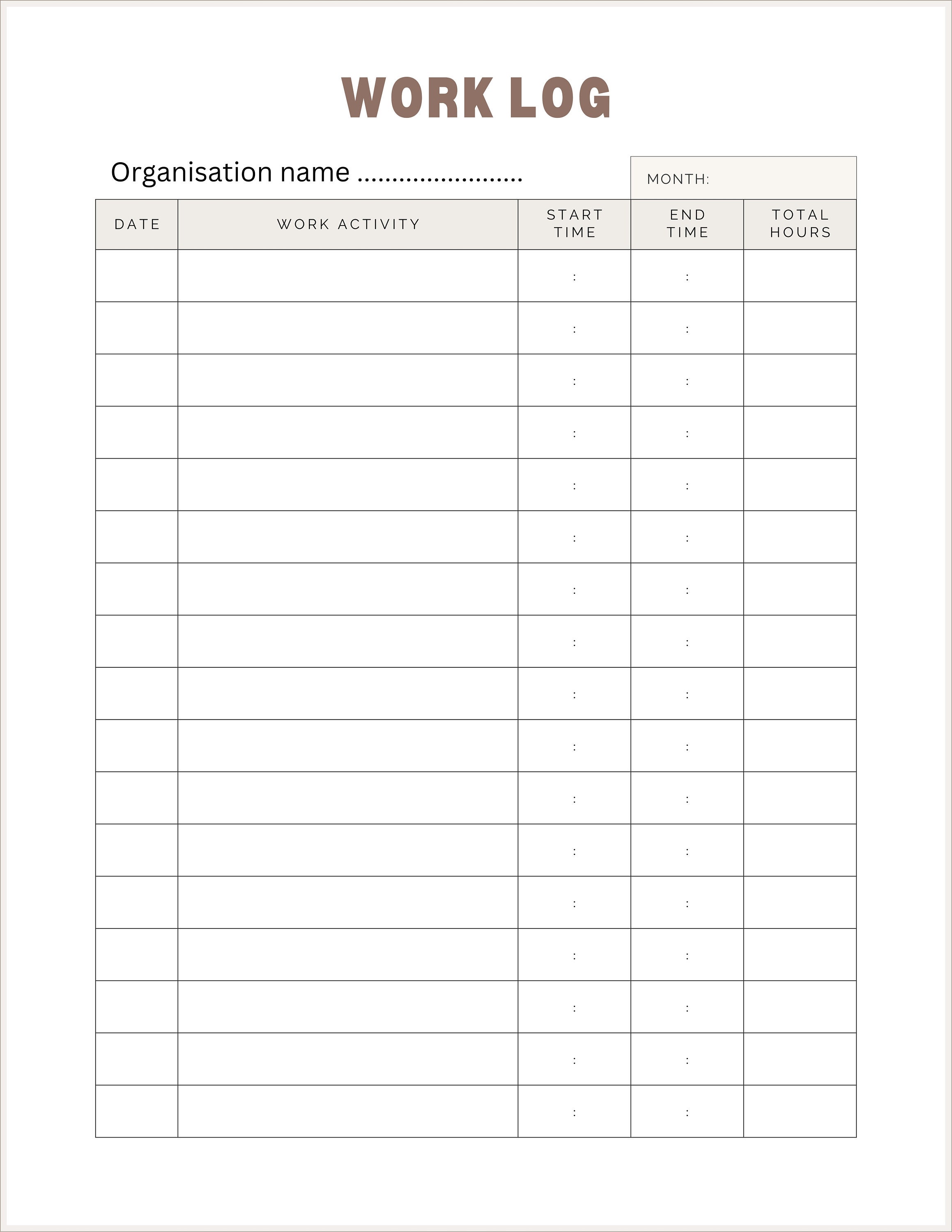 Printable Work Log Time Log Time Tracker Working Hours Log Activity
