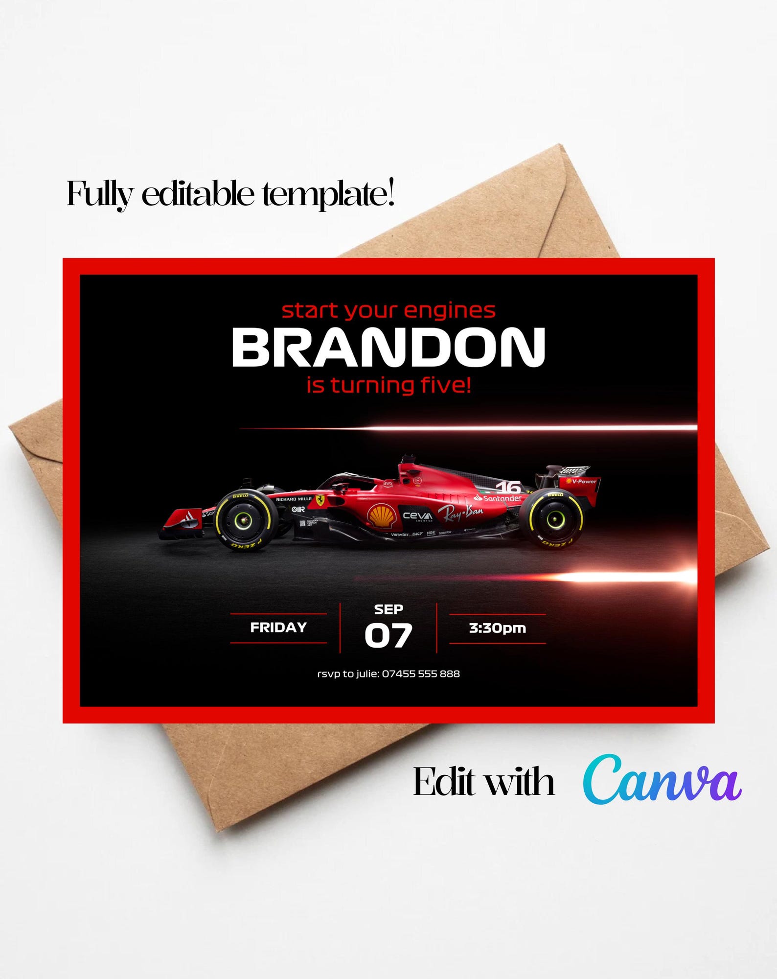 Formula 1 Ferrari Birthday Invitation - F1 Car Invite - F1 Party Invite ...