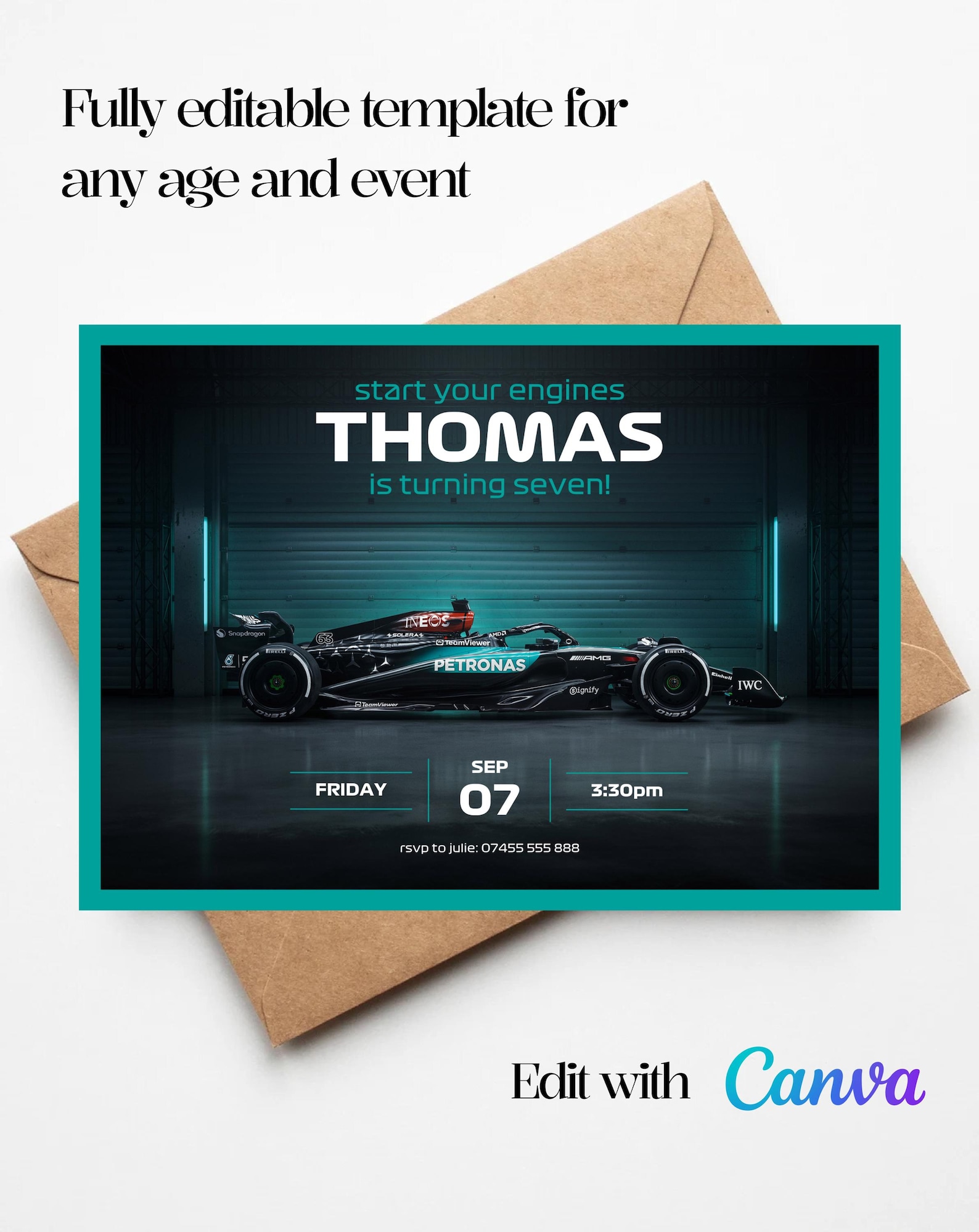 Formula 1 Mercedes Birthday Invitation - F1 Car Invite - F1 Party ...