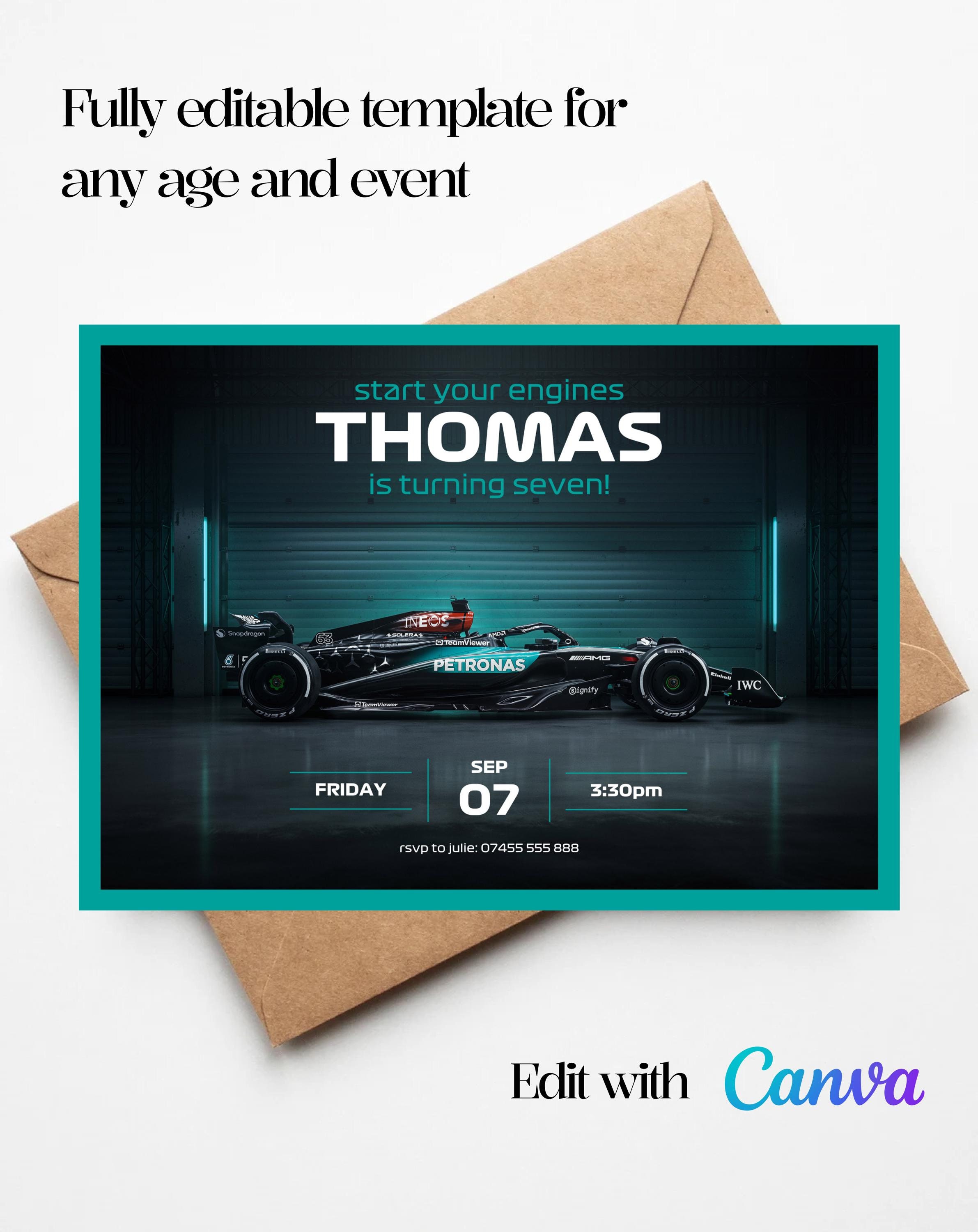 Formula 1 Mercedes Birthday Invitation - F1 Car Invite - F1 Party ...