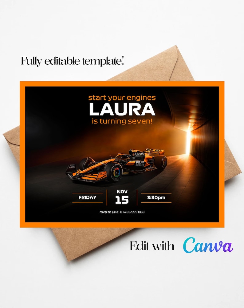 Formula 1 Mclaren Birthday Invitation - F1 Car Invite - F1 Party Invite ...