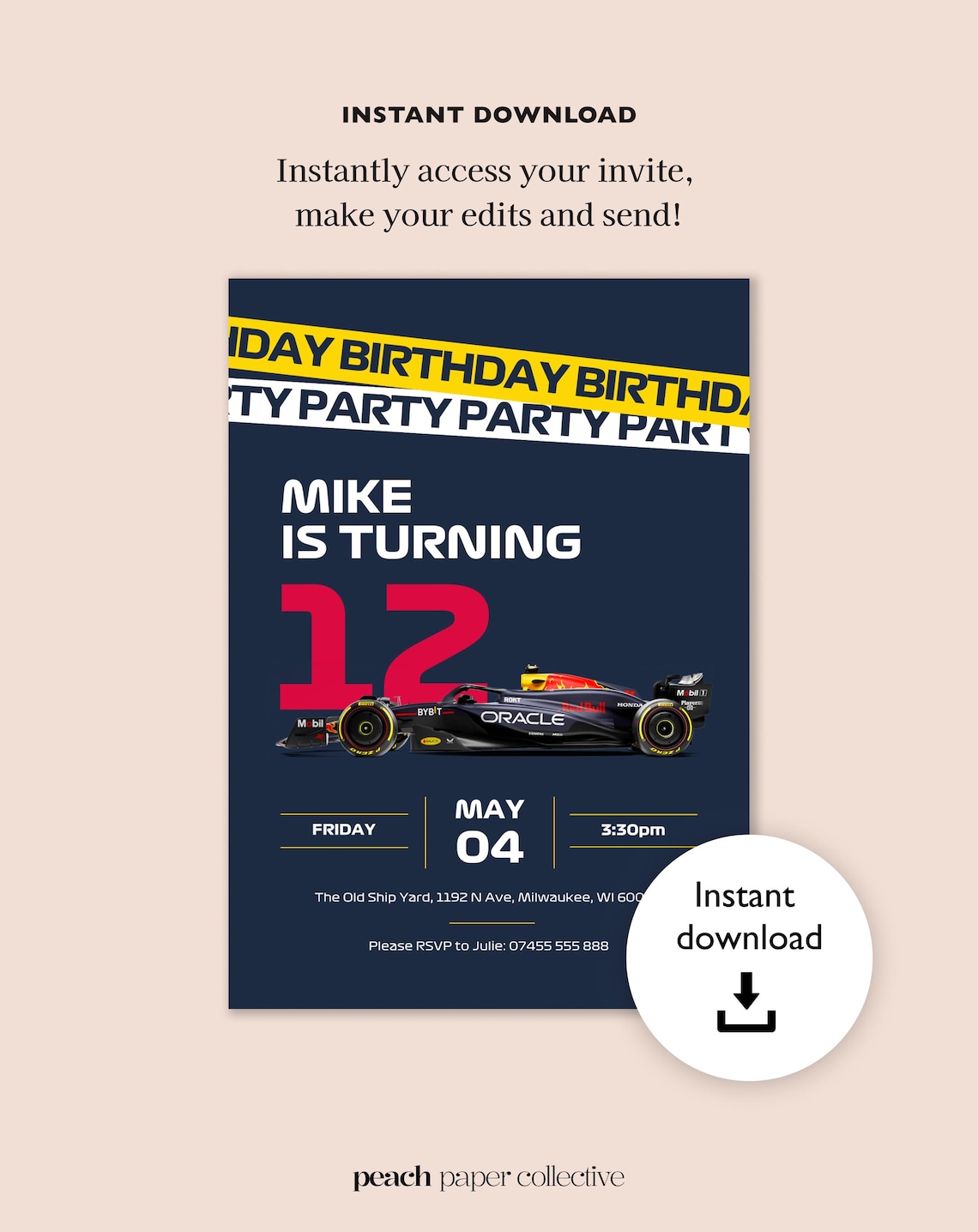 Red Bull Formula 1 Birthday Invitation: Editable F1 Party Invite (A5 ...