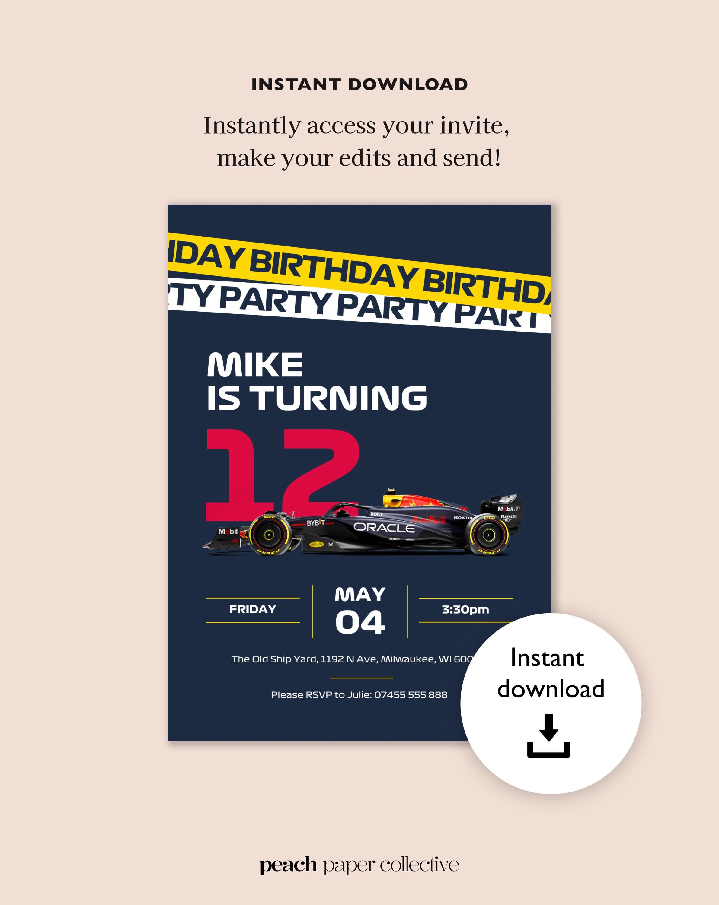 Red Bull Formula 1 Birthday Invitation: Editable F1 Party Invite (A5 ...