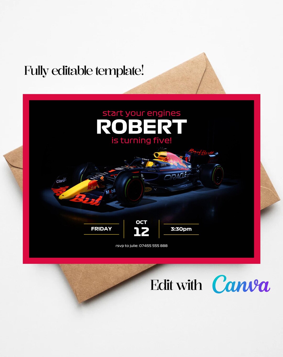 Formula 1 Red Bull Birthday Invitation - F1 Car Invite - F1 Party ...