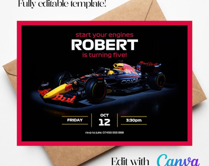 Formula 1 Red Bull Birthday Invitation - F1 Car Invite - F1 Party ...
