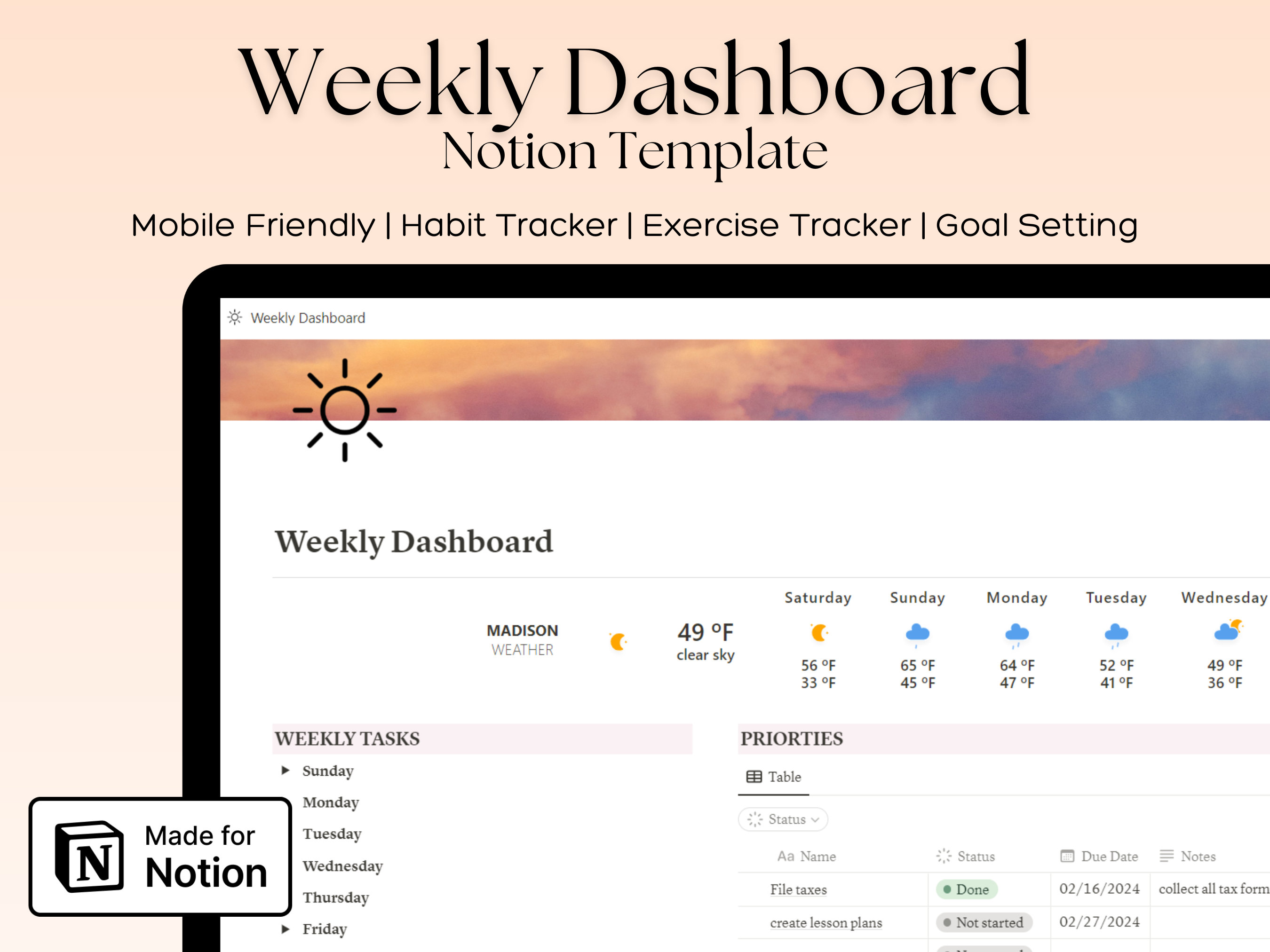 Weekly Planner A Notion Template: Mobile Friendly, Weekly Dashboard ...