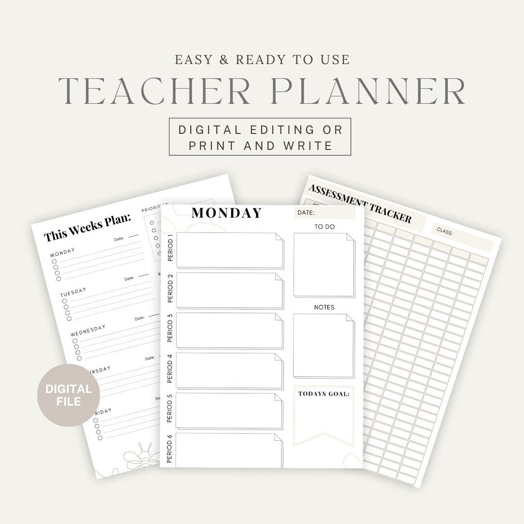 Digital File Teacher Planner, Daily Teacher Planner, 6 Period Daily ...