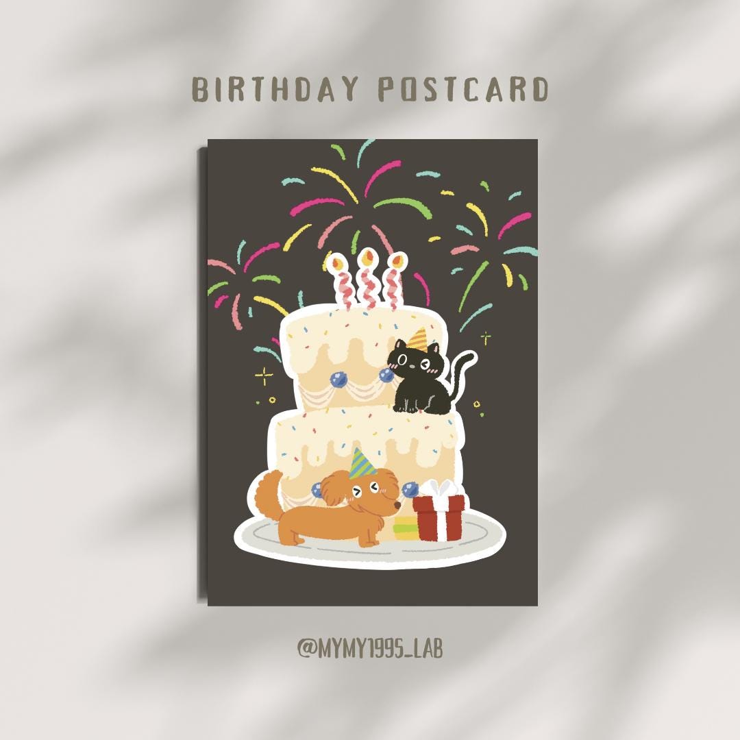 Birthday Postcard Cute Postcard Dog and Cat Postcard Cat Postcard Dog ...