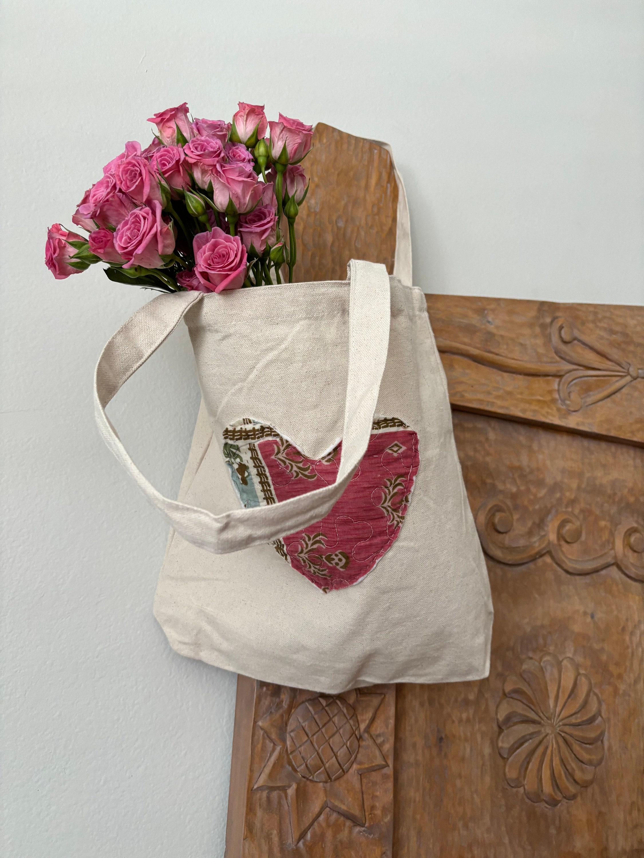 Repurposed Heart Tote Bag, Upcycled Heart Appliqué Tote Bag, Quilted ...