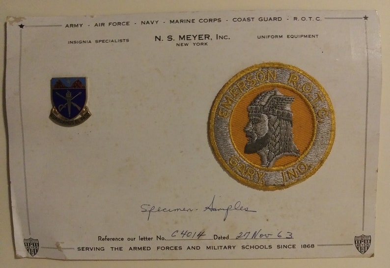 1963 Rare N.S, Meyer Inc Specimen Samplers R.O.T.C. Gary Ind Patch and ...