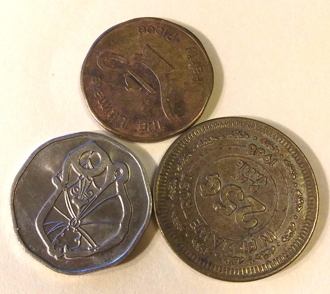 1988 Chucky Cheese and Two Aladdin Arcade Tokens 3 Coin Set in Hard ...