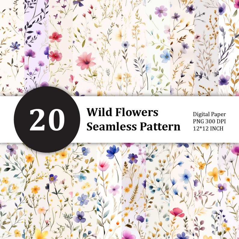 20 Wildflowers Digital Paper, Meadow Watercolor Flowers, Tiny Bloom ...