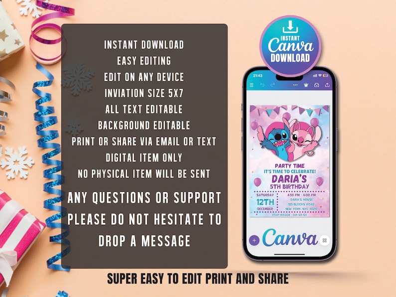 Stitch Birthday Invitation Template Editable Stitch Girls Birthday ...