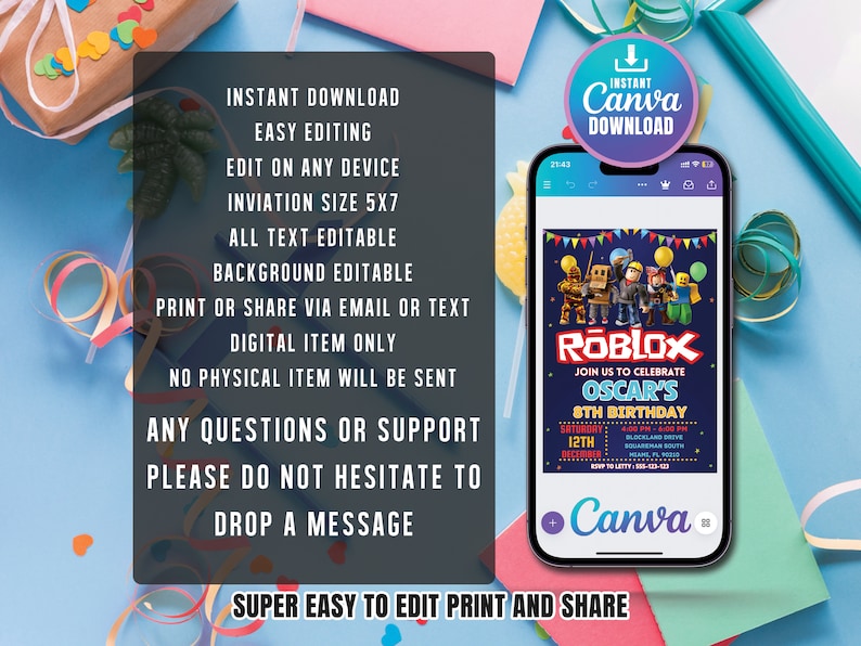 Roblox Birthday Invitation, Roblox Game Party, Roblox Invitation, Kids ...