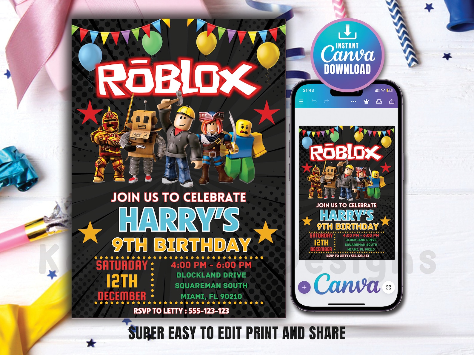 Roblox Birthday Invitation, Roblox Game Party, Roblox Invitation, Kids ...